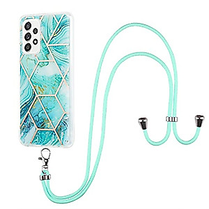 Samsung Galaxy A52 Phone Case,SZYZ Lady's Plating Marble TPU Bumper Protective Case with Removable Portable Lanyard and Screen Protector Function for Samsung Galaxy A52 YBGS Blue