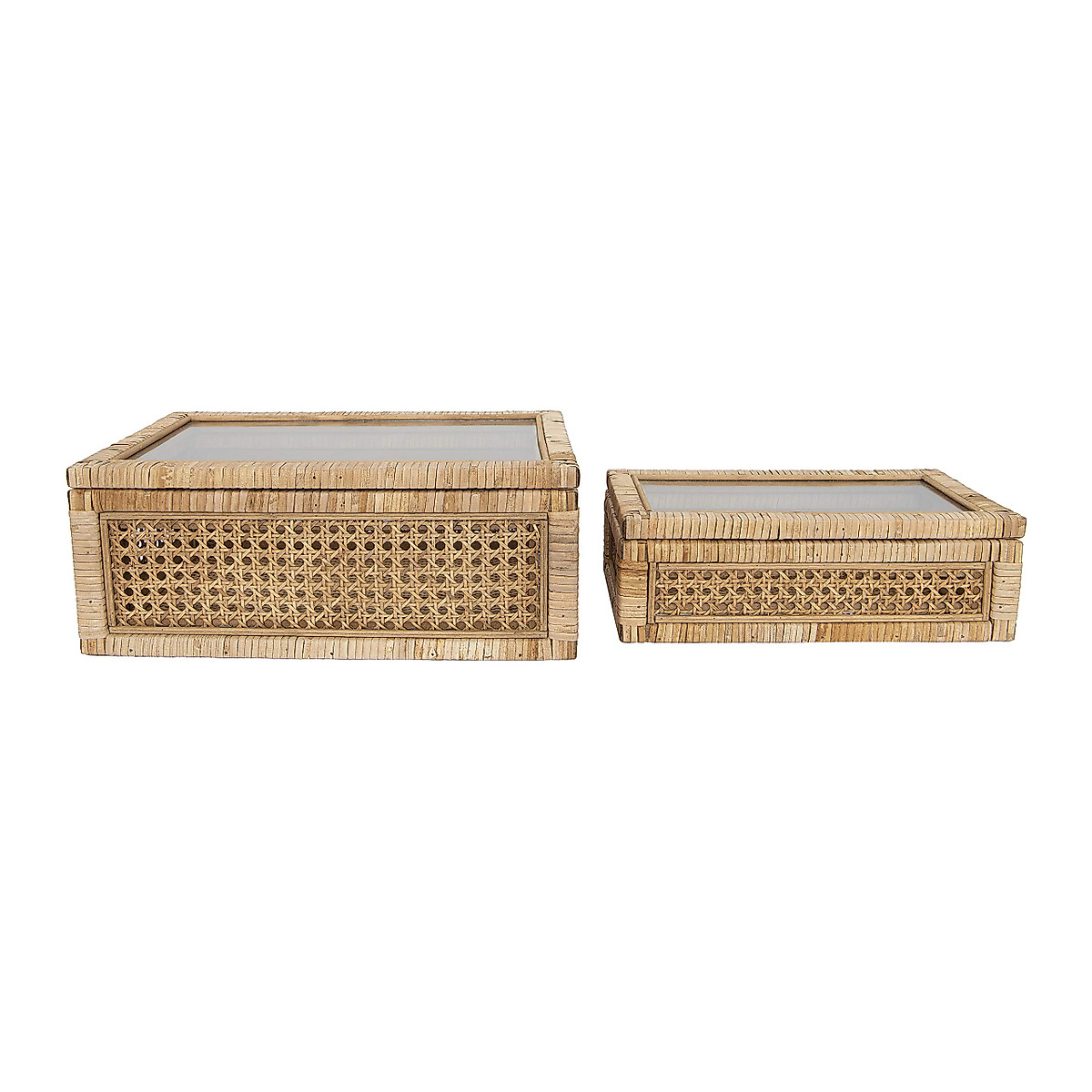 Creative Co-Op Rattan Display Boxes with Glass Top (Set of 2 Sizes) and Mango Wood Footed Bowl
