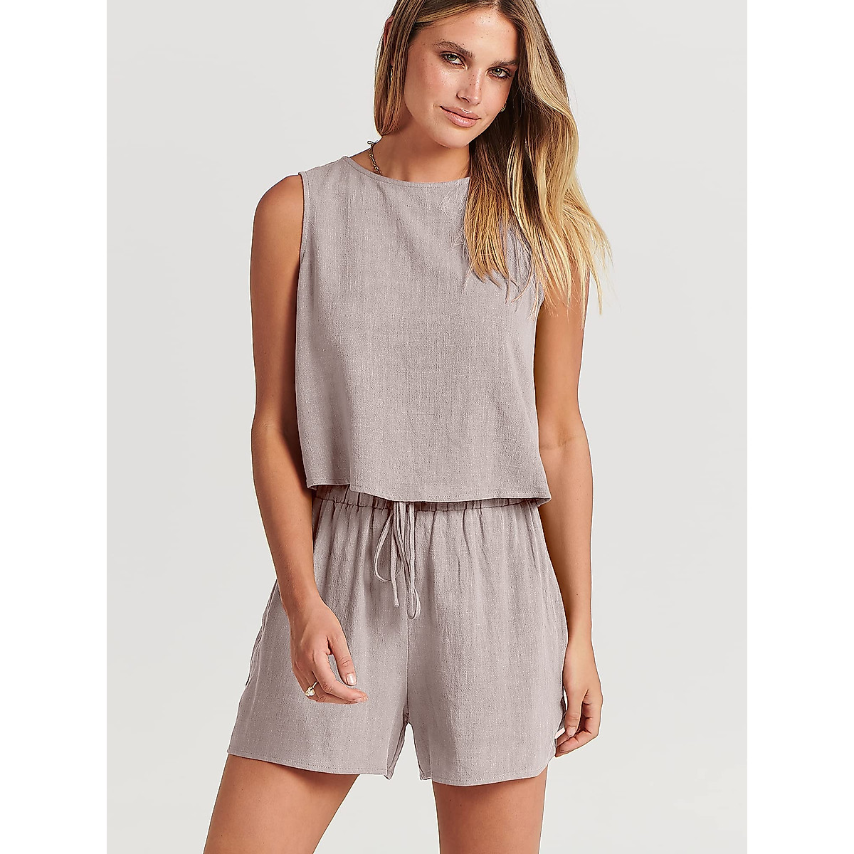 ANRABESS Women 2 Two Piece Outfits Lounge Matching Sets Linen Shorts Boho Aesthetic Clothes Sleeveless Tops 2023 Summer Outfits Vacation Beach 806yinhui-M, Light Grey