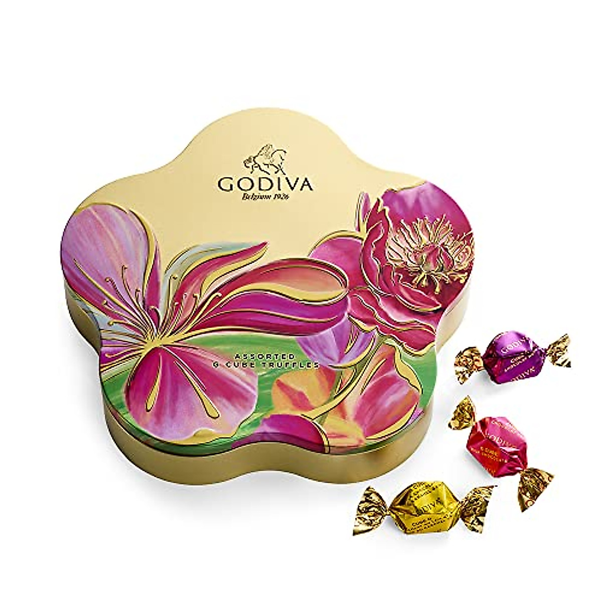 Godiva Chocolatier Assorted G Cube Gourmet Chocolate Truffles in Flower Tin, 32 Count - Limited Edition Candy - Gift Box of Chocolate - 9.1 Oz
