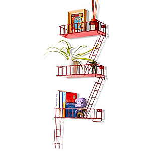 KOTIJOKI Fire Escape Wall Shelf - New York Metal Decorative Shelf with Screwdriver & Screws, Rustic Wall Shelves for Bedroom, Home Décor, Action Figure Display (3-Tier Red Floating Shelves)
