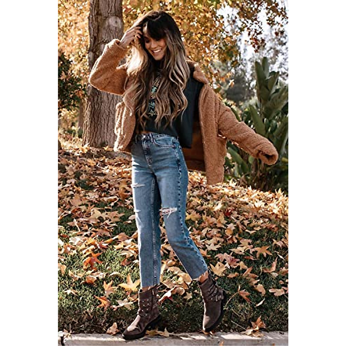 PRETTYGARDEN Women's 2023 Fashion Winter Coat Long Sleeve Lapel Zip Up Faux Shearling Shaggy Oversized Shacket Jacket (Khaki,Small)