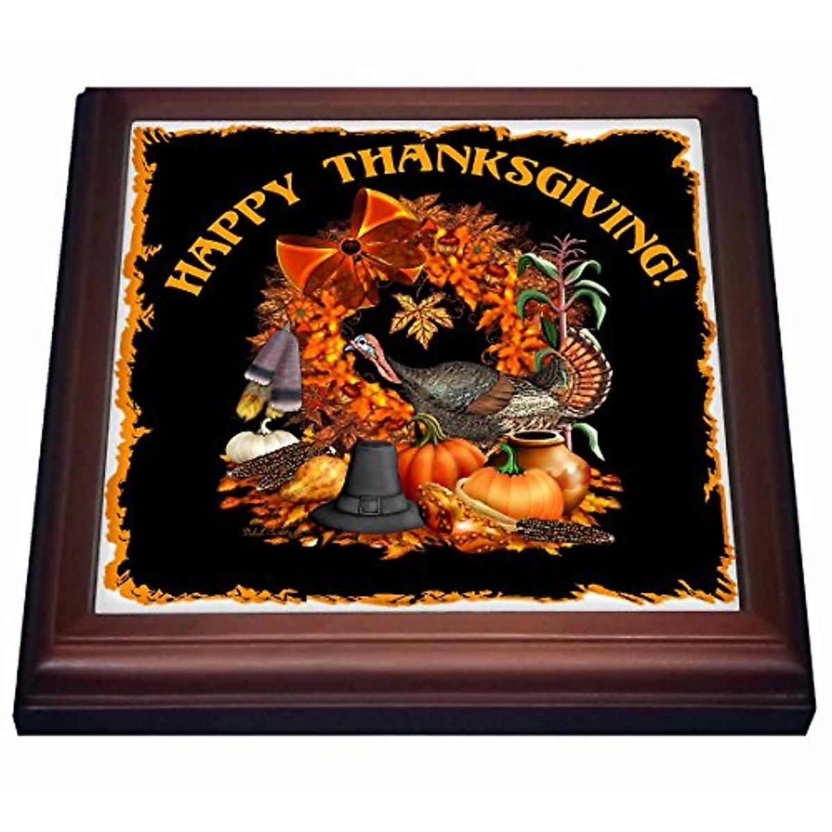3dRose Thanksgiving Featuring a Wild Turkey, Native American and Pilgrim Themes, The Fall Harvest and More Trivet with Ceramic Tile, 8 x 8", Brown