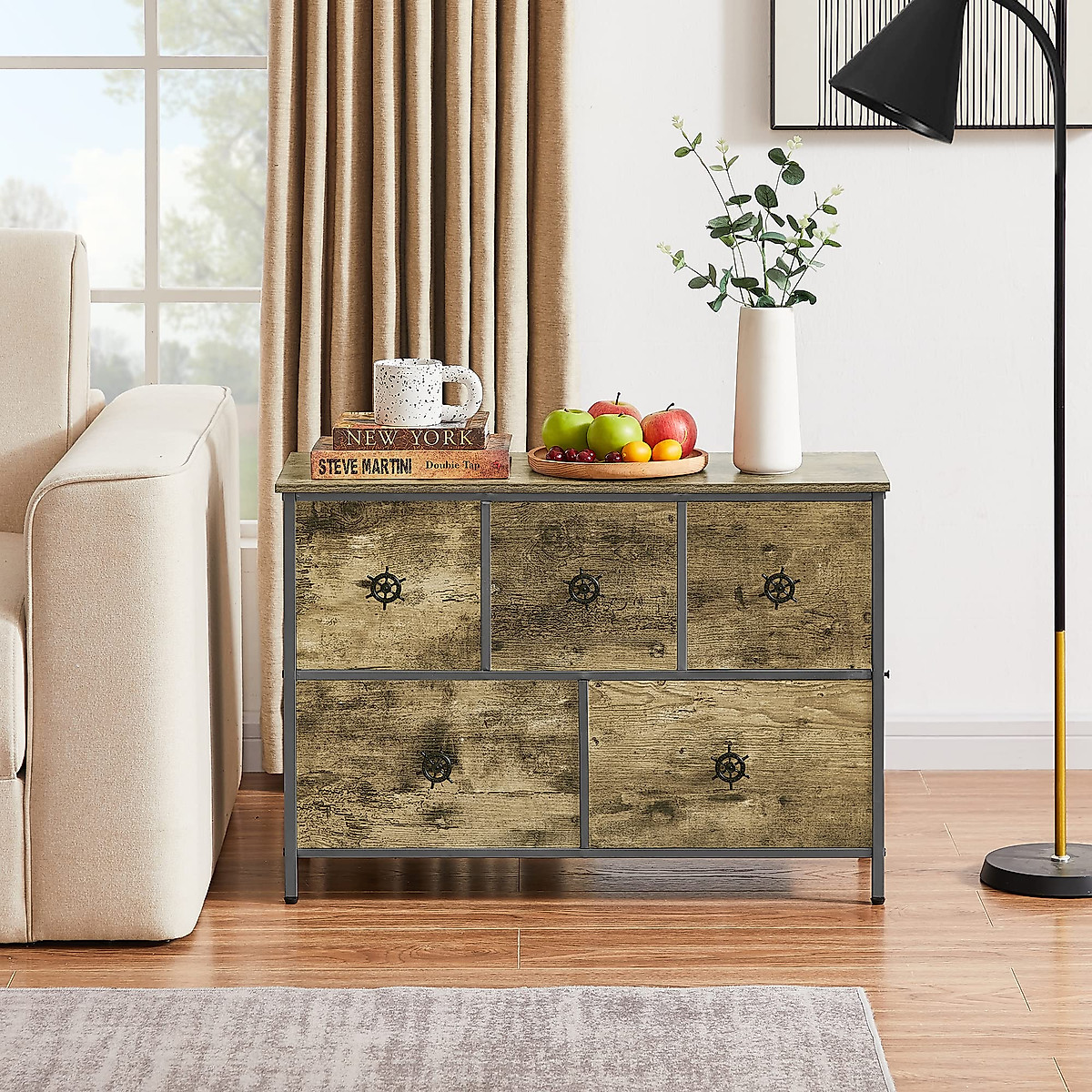 VECELO Dresser for Bedroom with 5 Drawers, Wide Chest of Drawers for Living Room, Nursery, Entryway, Fabric Furniture Clothes Storage Tower with Steel, Wood Top