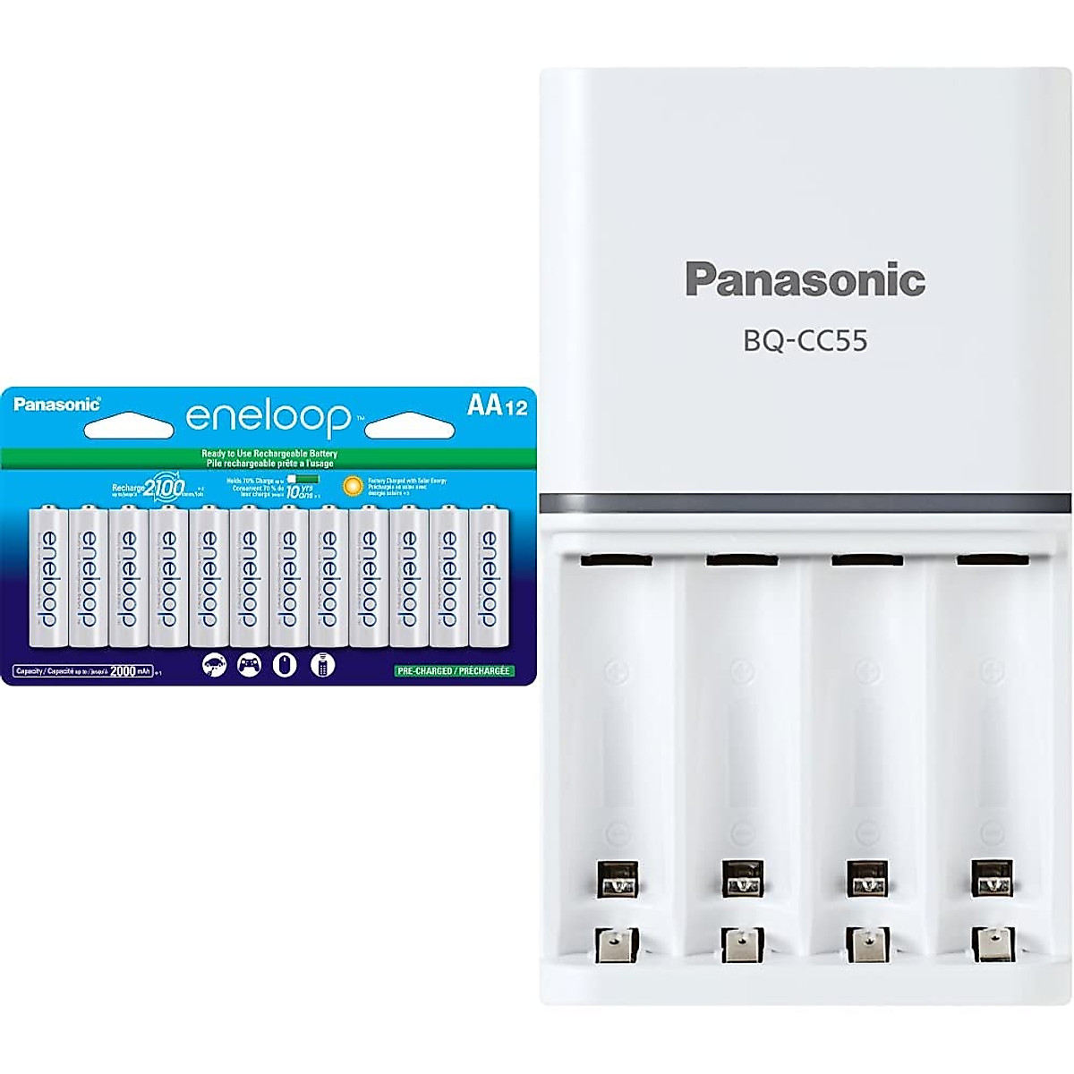 Eneloop Panasonic BK-3MCCA12FA AA 2100 Cycle Ni-MH Pre-Charged Rechargeable Batteries & BQ-CC55SBA Advanced Individual Battery 3 Hour Quick Charger with 4 LED Charge Indicator Lights, White