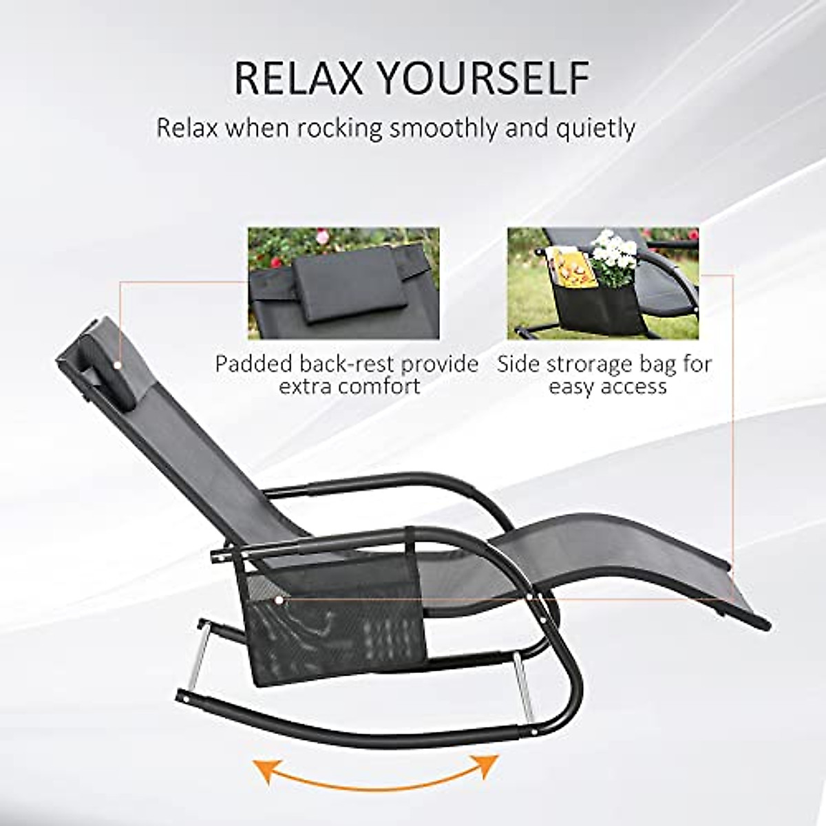 Outsunny Outdoor Rocking Chair with Breathable Mesh Fabric, Patio Porch Chair with Side Pocket, Sun Lounge Chair with Detachable Pillow for Deck, Garden, or Pool, Black