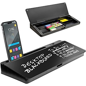Desktop Dry Erase Board - Glass Erase Board - Black Desk Computer Buddy – Home Office & Studying Essentials - Phone & Tablet Slot, Storage Compartment - Includes 4 Markers, 1 Eraser.