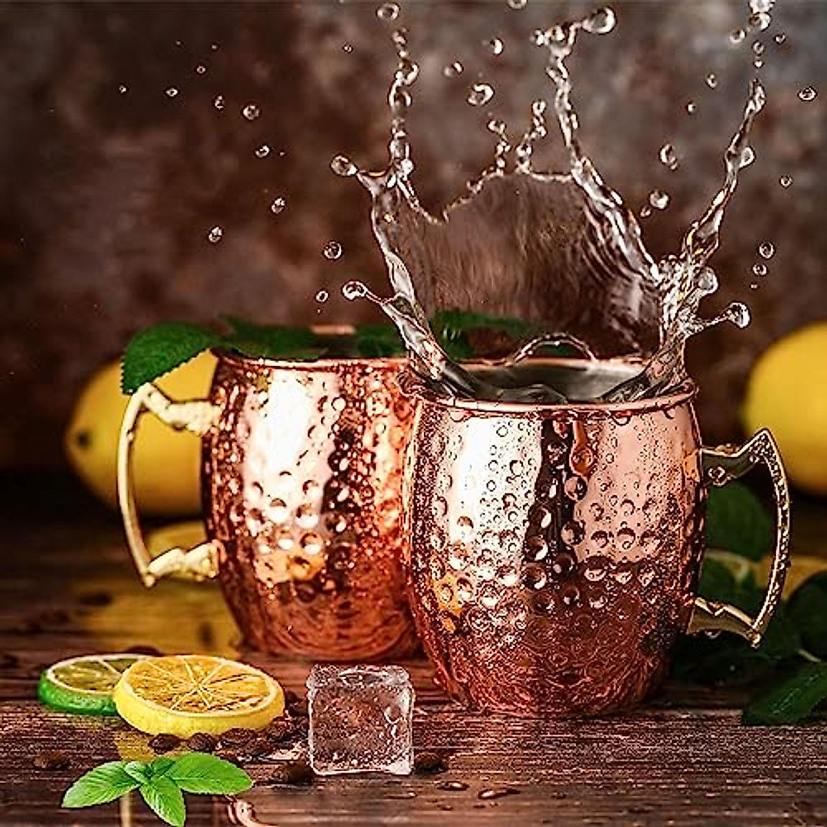 Moscow Mule Mugs | Large Size 19 ounces | Set of 2 Hammered Cups | Stainless Steel Lining | Pure Copper Plating | Gold Brass Handles | Christmas Gift Set