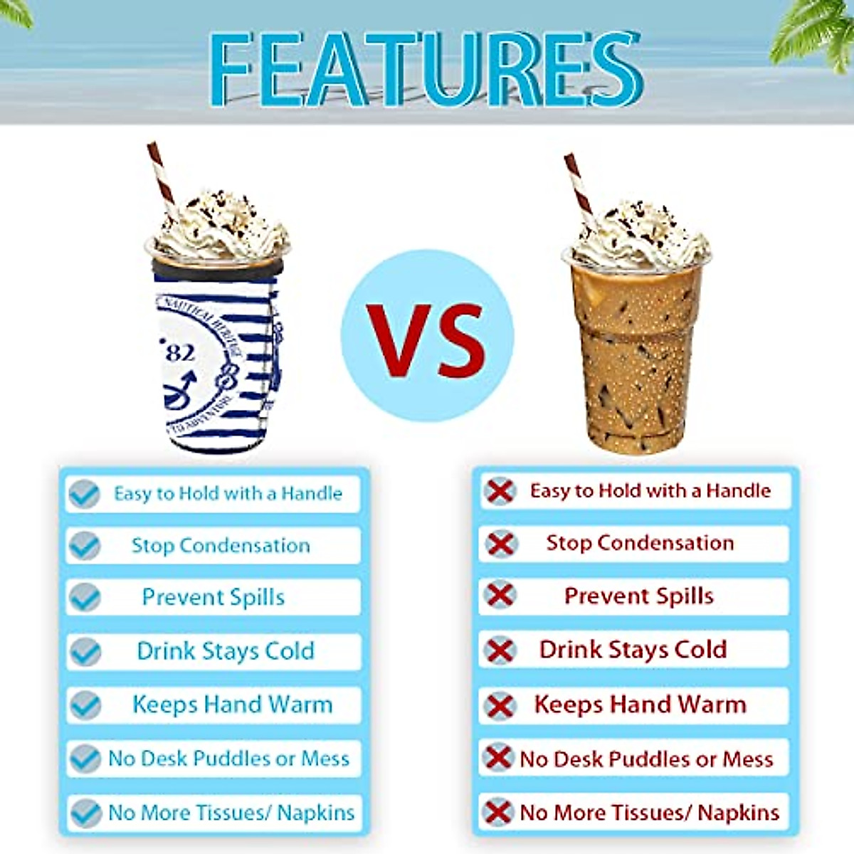 Nautical Navy Reusable Iced Coffee Sleeve Cold Beverage Coozies Compatible£¬Blue Striped Anchor Cup Sleeve with Handle Machine Washable for Most Coffee Drinks Fits 24-28 oz Coffee Cups