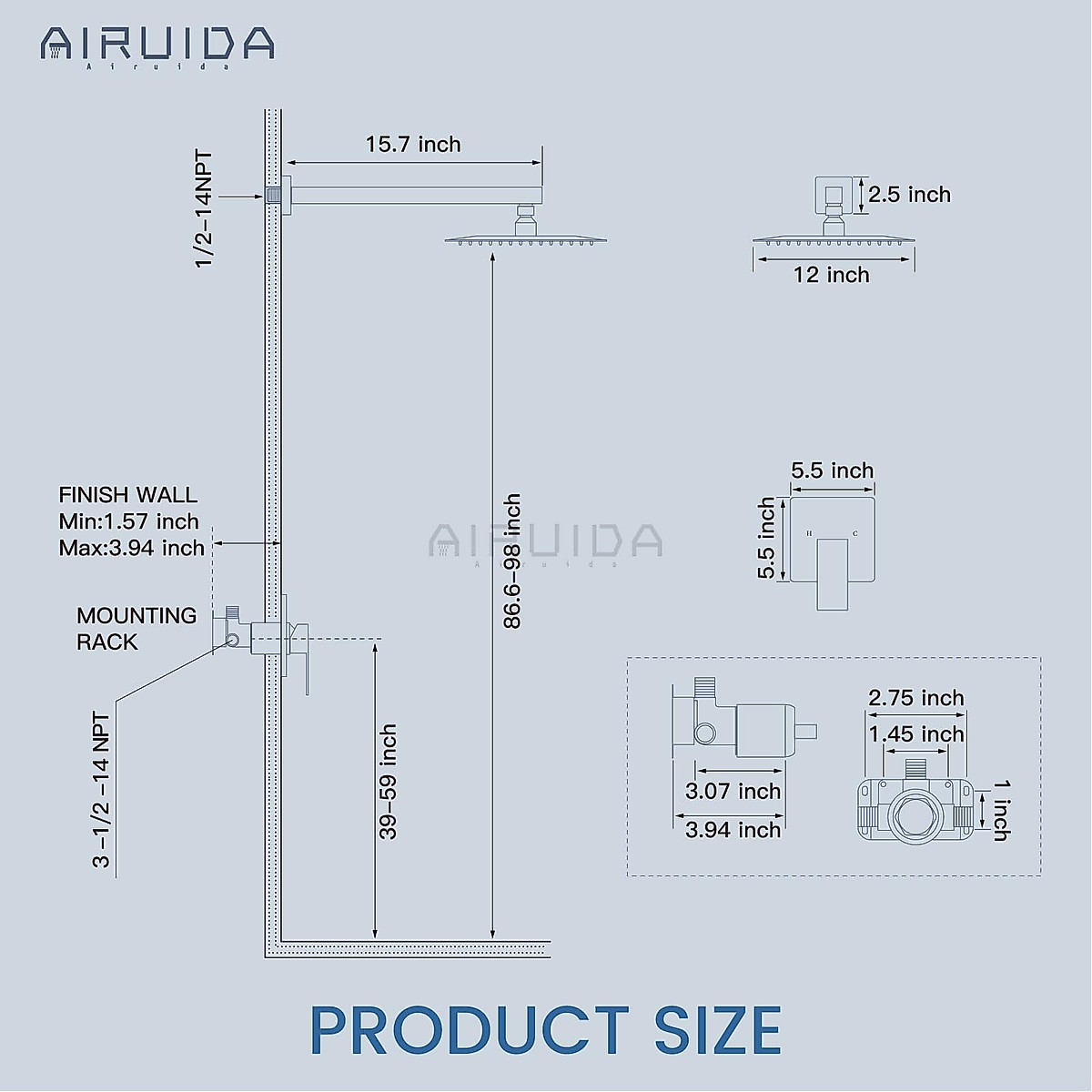 Airuida Shower Faucet Set Bathroom Rain Shower System SUS304 Stainless Steel Single Handle With Male Threads Rough-in Valve Shower Trim Kit 12 Inch Wall Mount Shower Head Matte Black