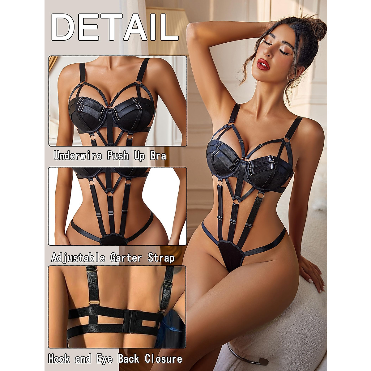 Avidlove Womens Lingerie Set Sexy Underwired Push Up One Piece Babydoll Teddy Lingerie Black Medium