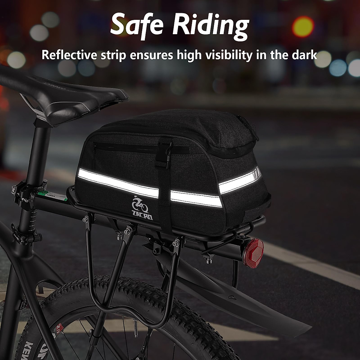 Zacro Bike Bag Rear Rack, 13L Waterproof Bicycle Trunk Reflective Saddle Bag, 3 in 1 Shoulder/Handheld/Electric Ebike Pack Cargo Bag, Cycling Back Seat Luggage Pannier Pouch with Strap&Rain Cover
