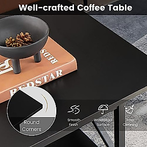 IFANNY Coffee Table, 44" Rectangle Cocktail Table with Storage Shelf, Industrial Accent Table with Metal Frame & Adjustable Foot Pads, Wood Center Table for Living Room, Home Office (Black)