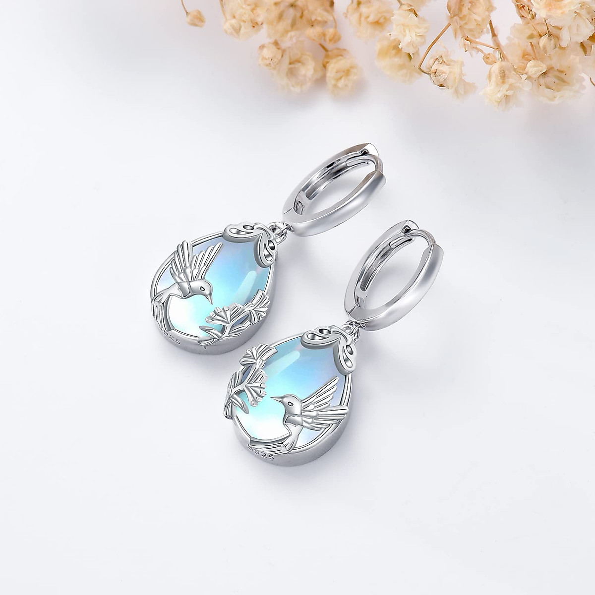 Moonstone Hummingbird Earrings Teardrop Dangle Huggies Earrings 925 Sterling Silver Hoop Earrings Jewelry for Women