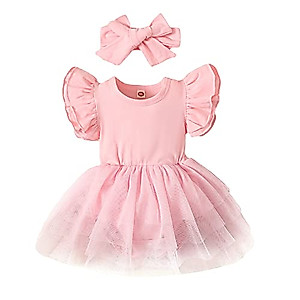 Baby Girl Clothes Infant Ruffle Sleeve Romper Dress Newborn Onesie Headband Outfit Jumpsuit Tutu Skirt Set (039C-Pink Sleeveless, 3-6 Months)