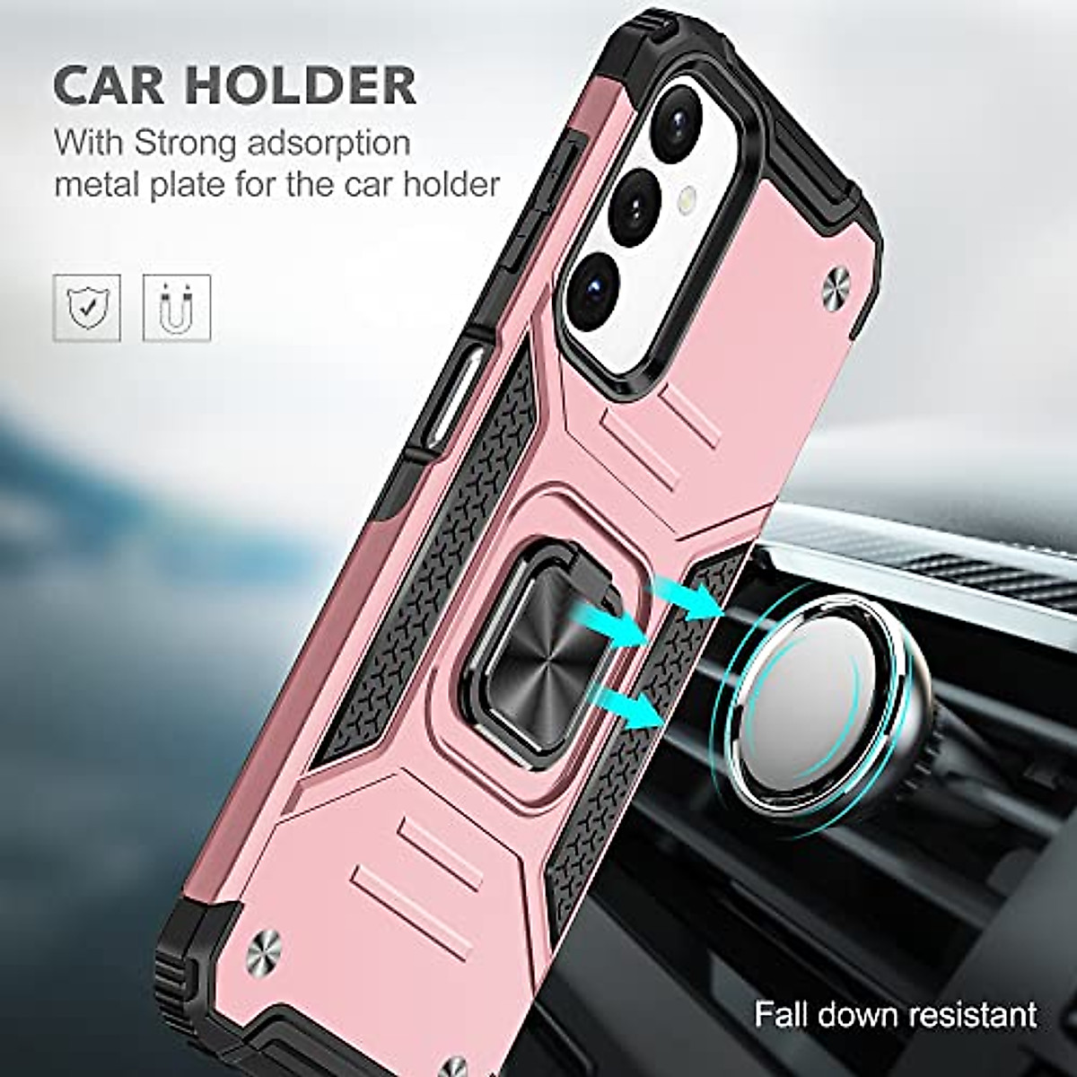 Amytor Designed for Samsung Galaxy A14 5G Case[2 x Tempered Glass Screen Protector] [ Military Grade ] 17Ft. Drop Tested Armor Protective Phone Case with Magnetic Car Mount Ring Kickstand (Rose Gold)