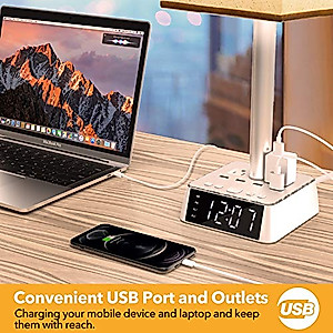 Table Lamp - Bedside Lamp with 4 USB Ports and AC Power Outlets, Alarm Clock Base w/ 6Ft Extension Cord, Square Oatmeal Fabric Lampshade Modern Accent Nightstand Lamps for Bedrooms Living Room