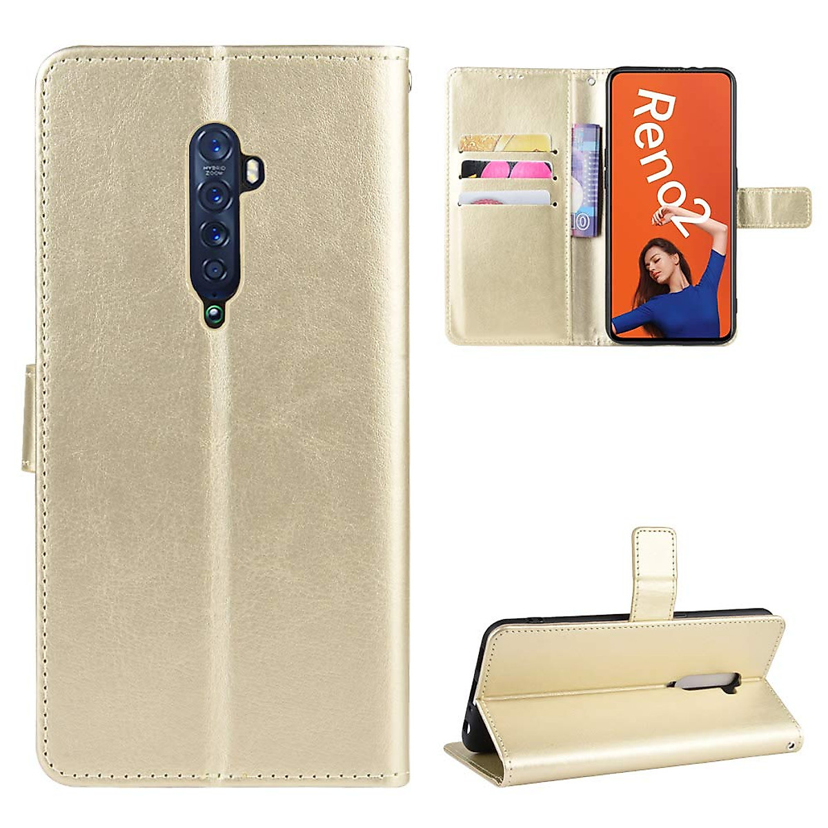 QiongNi Case for Oppo Reno 2 Case Cover,Flip Leather Wallet Cover Case for Oppo Reno 2 CPH1907 PCKM00 PCKT00 Case Gold