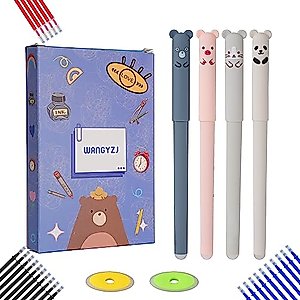WANGYZJ 0.5mm Erasable Pens, Panda Pens, Cute Erasable Pens, Animal Rollerball Gel Ink Pens, includes 4 pens, 10 black, 10 blue, 5 red pen refills, and 2 erasers., for Kids Office School Supplies