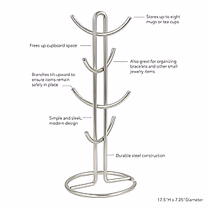 Spectrum Diversified Euro Large 8 Holder, Mug Tree, Mugs & Tea Cup Storage Rack, Coffee Counter Bar Accessory & Kitchen Countertop Organizer, Satin Nickel