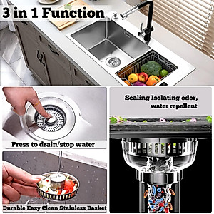3 in 1 Kitchen Sink Drain Strainer Stopper, Brushed Stainless Steel SUS 304 Pop Up Sink Drain Stopper for Standard 3-1/2 Inch Drain Anti-Clogging Odor Prevention