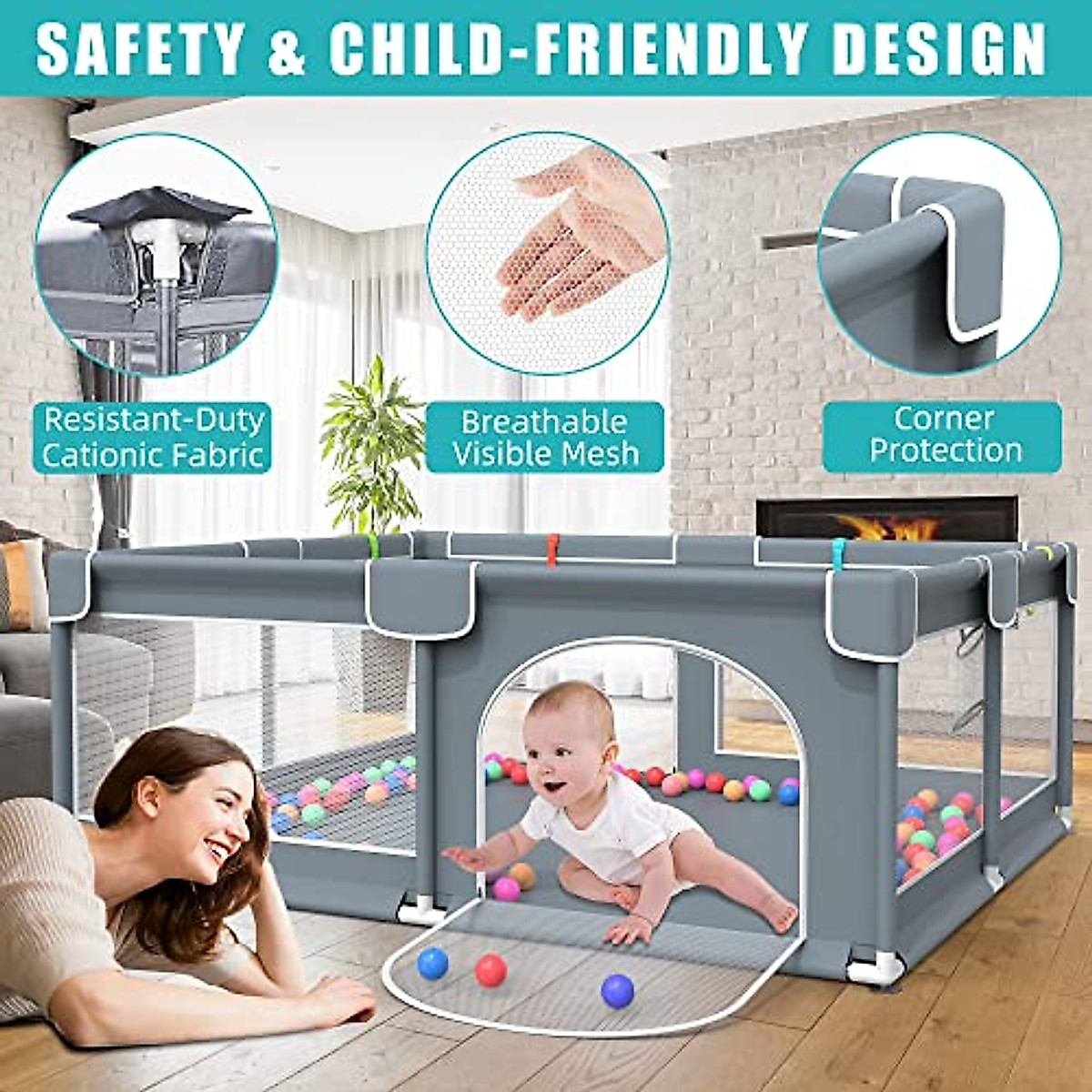 Baby Playpen, 79 x 63 Inches Extra Large Playpen with 50 PCS Ocean Balls, Indoor & Outdoor Kids Activity Center, Infant Safety Gates with Breathable Mesh,Sturdy Play Yard for Babies and Toddlers
