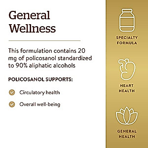 Solgar Policosanol 20 mg, 100 Vegetable Capsules - Supports Heart Health - General Wellness - Vegan, Gluten Free, Dairy Free, Kosher - 100 Servings
