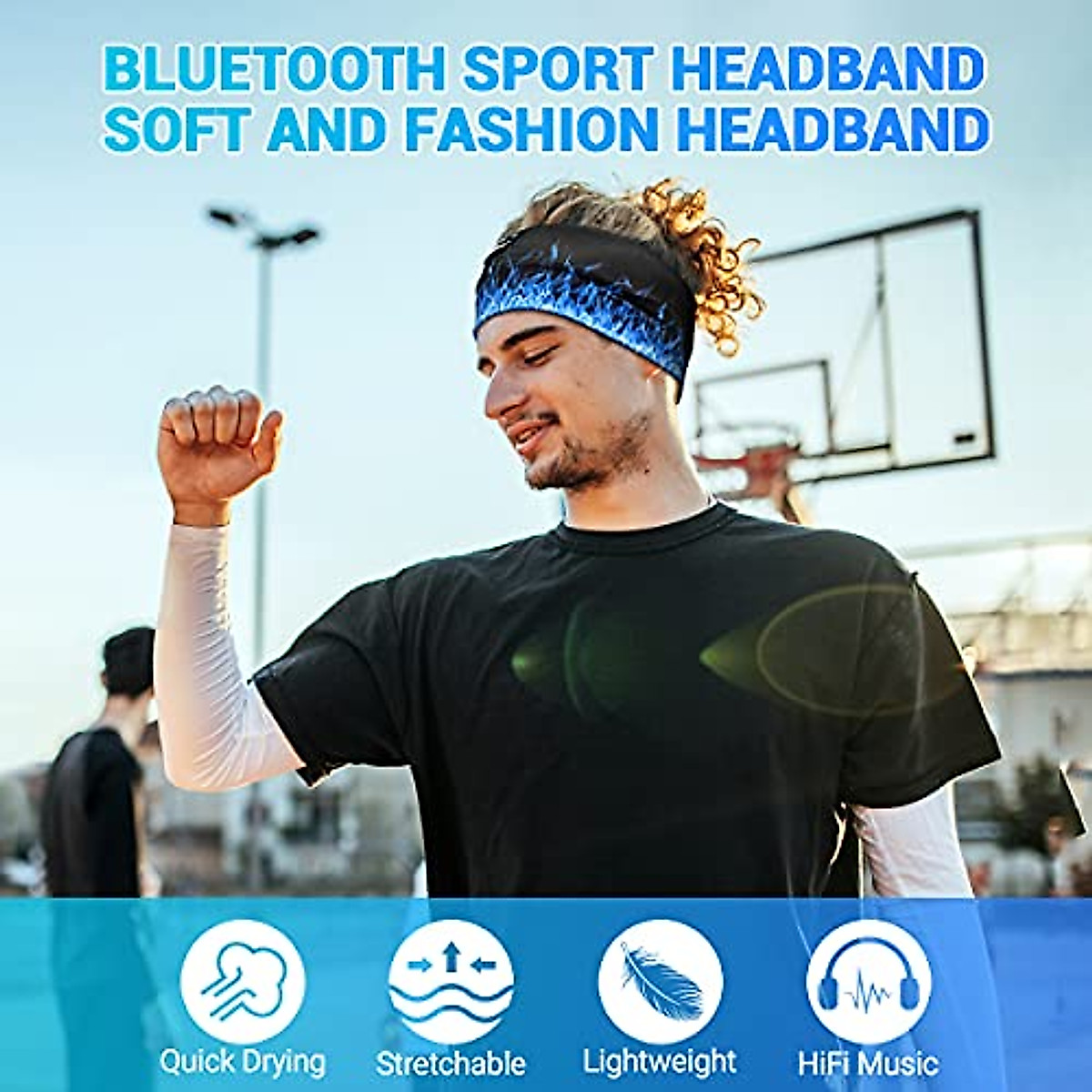 LC-dolida Bluetooth Headphones Headband, Flame Sleep Band Sleep Mask Bluetooth Sport Headband Music Headsets with Thin Speaker Microphone Handsfree,Gifts for Men Perfect for Workout (Blue)