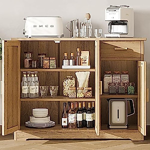 Irontar Kitchen Storage Cabinet, Sideboard Buffet Cabinet with Rattan Decorated Doors, Farmhouse Console Table with Drawer, Coffee Bar, Accent Table for Kitchen, Living Room, Hallway, Natural CWG010M