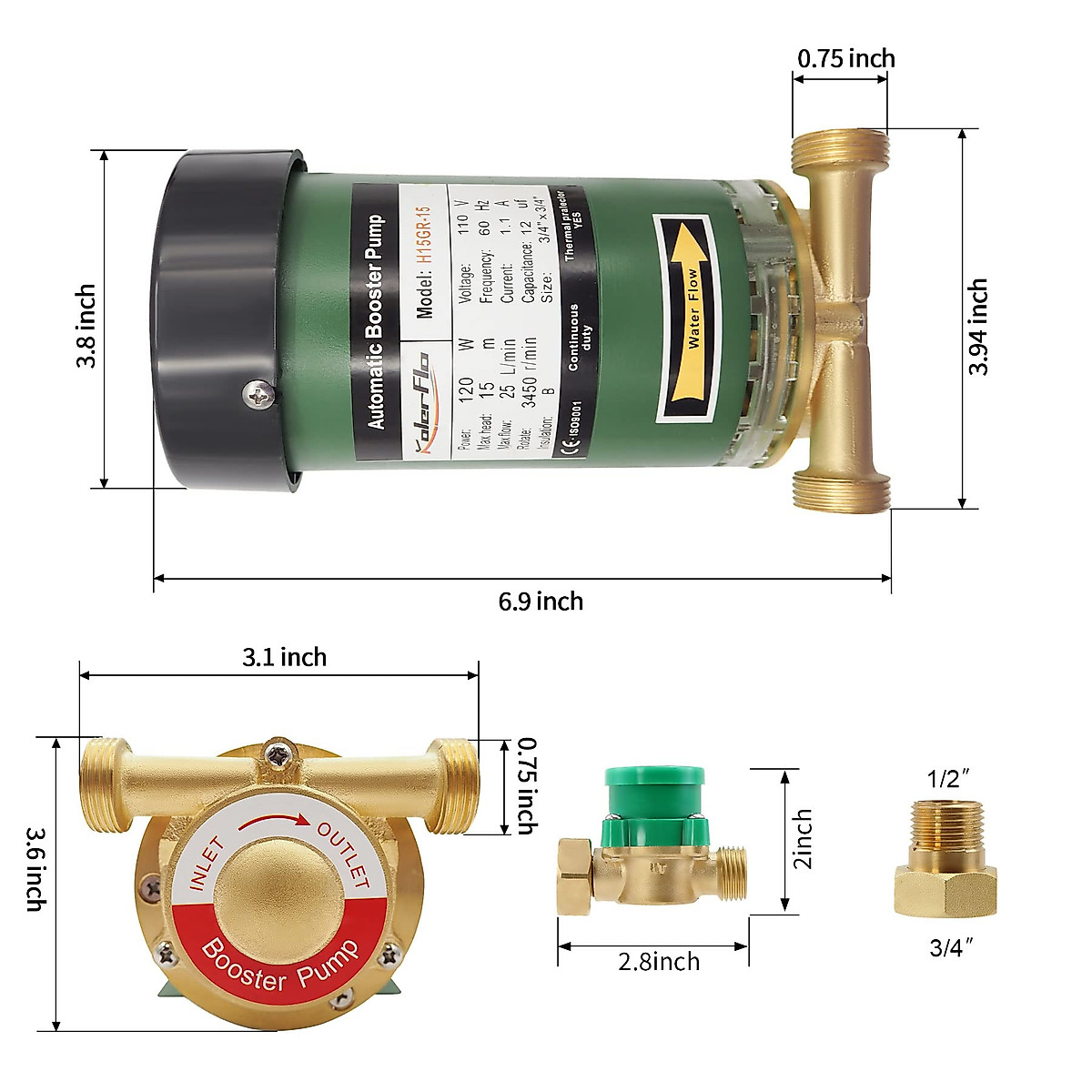 KOLERFLO 120W Water Pressure Booster Pump 115VAC,396 GPH,21.7 PSI Household Automatic Home Booster Pump with Water Flow Switch for Home Kitchen Bathroom Irrigation(H15GR-15)