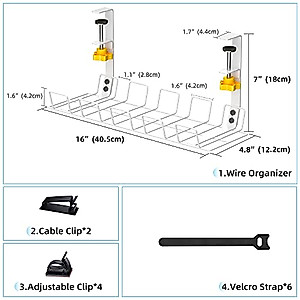 AOSYCO Cable Management Tray Under Desk, No Drill Cable Management Rack, Upgraded Clamp Mount Table Wire Management Holder, with 12PCS Cord Organizer Manager, 16" White Desk Cable Tray 1PACK