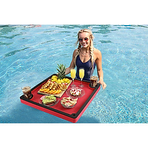Polar Whale Floating Breakfast Table Serving Buffet Red and Black Tray Drink Holders for Swimming Pool or Beach Party Float Lounge Refreshment Durable Foam UV Resistant with Cup Holders 24 Inches
