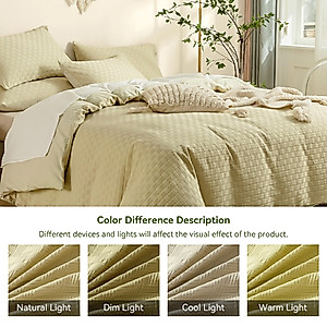 JELLYMONI Beigish Green Duvet Cover Queen Size - 3 Pieces Soft and Breathable Microfiber Knitted Jacquard Waffle Weave Striped Comforter Cover with 8 Corner Ties & Zipper Closure