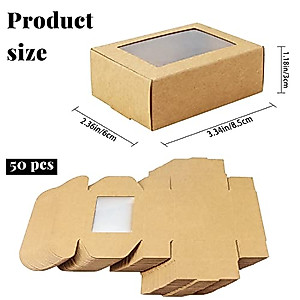 BadenBach 50 Pack Small Rectangle Kraft Paper Boxes with Clear Windows,3.33" x 2.35" x 1.18",Mini Soap Present Treat Gift Box for Bakery Candy,Chocolate Packaging Jewelry Display Wedding Party Favor (Brown)