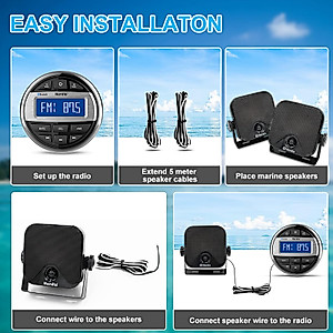 Herdio Marine Radio Package- IPX6 Receiver Compatible with Bluetooth, 1 Pair 4 Inch Marine Speakers, AM FM Antenna for Boat ATV UTV (Black)