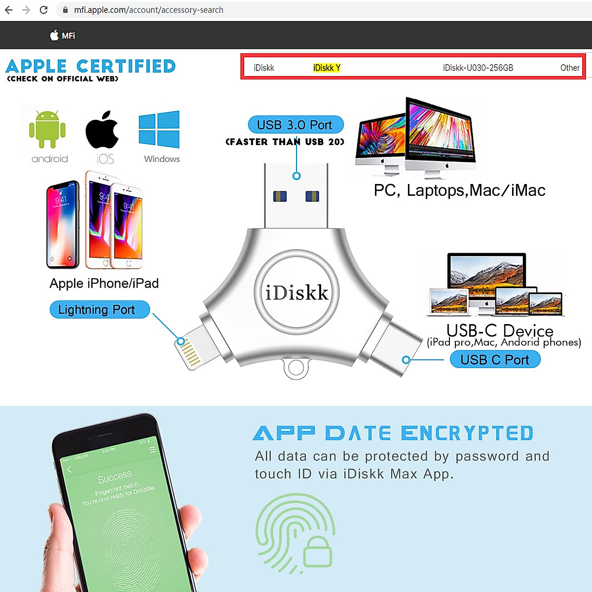 iDiskk 256GB App-le Certified flash drive photo vault for iPhone 15 USB C iPad Pro Android Samsung Flash Drive for iphone photo storage stick iPad pro Photo stick for iphone and computer