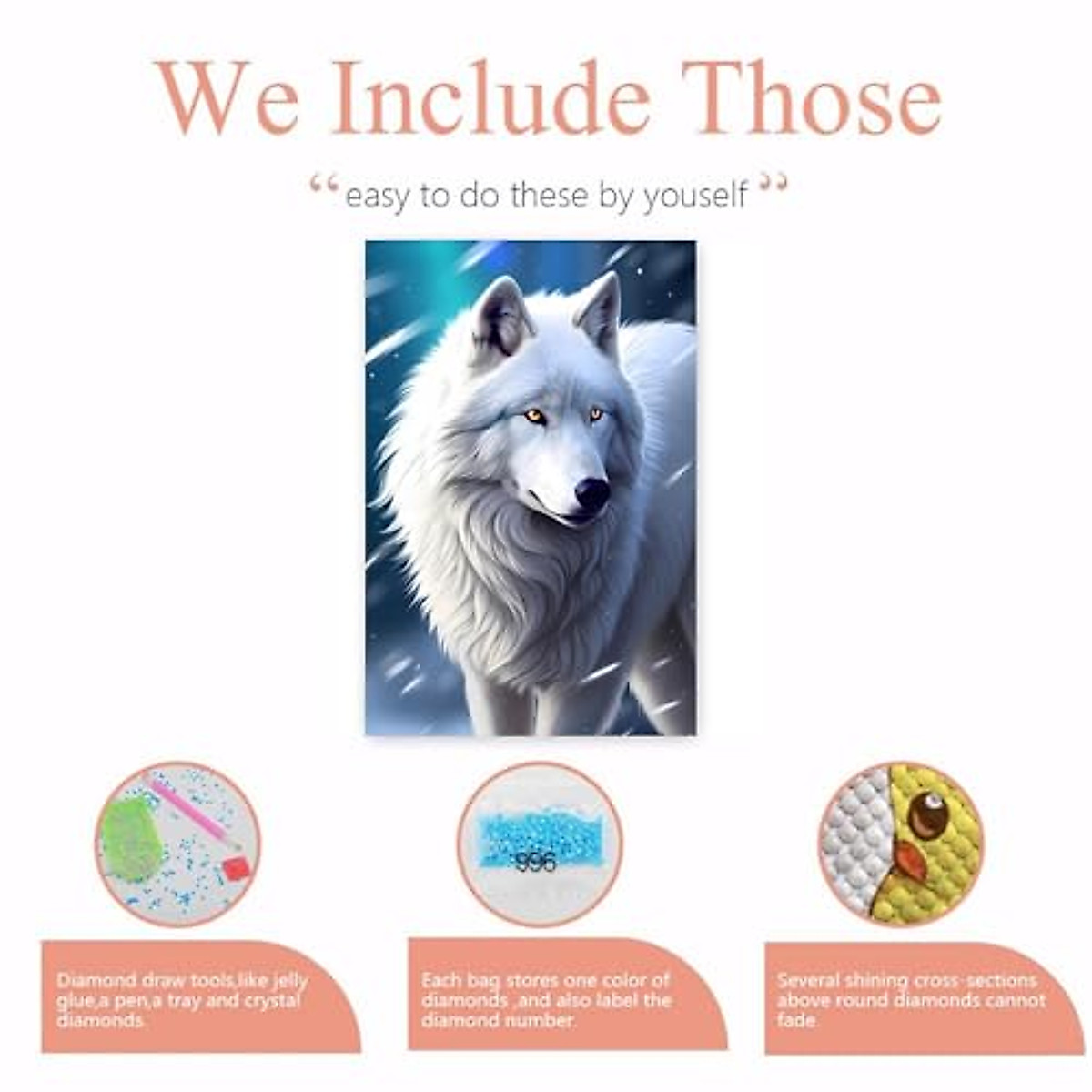 Eleploi Snow Falls White Wolf Diamond Painting Kits DIY 5D Crystal Full Round Diamond Painting, Handmade Art for Living Room Home Wall Decor Birthday Gift 12x16 Inch