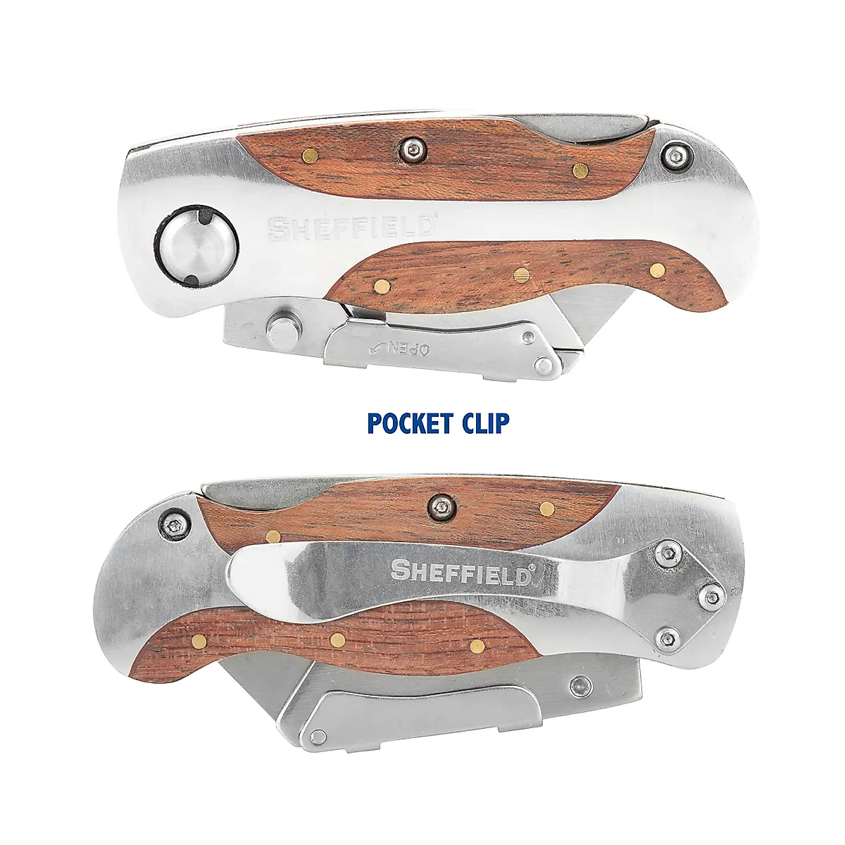 Sheffield 12525 Premium Lock Back Utility Knife 2 Pack, Box Cutter Knife, Carpet Knife, Drywall Cutter, Quick Change Blade, Aluminum And Wood Handle, Wood, Silver