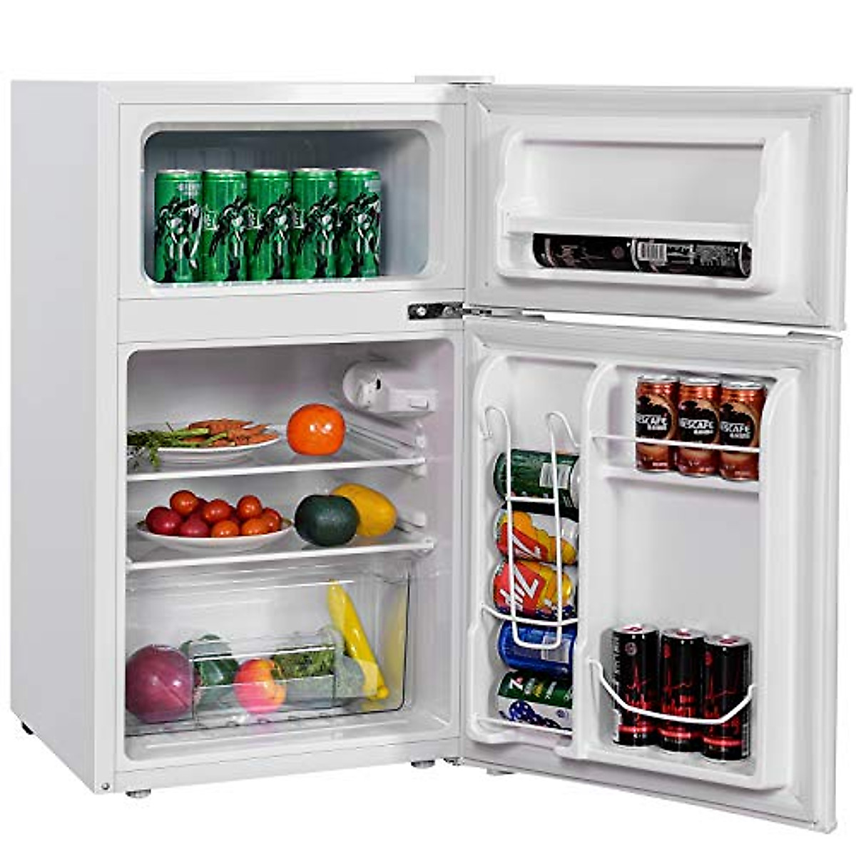 Hysache 3.2 cu ft ompact Refrigerator, Double Door Mini Fridge w/Removable Glass Shelves, Mechanical Control & Angle LED Light, Energy Saving Separate Freezer for Home, Office & Dorm (White)