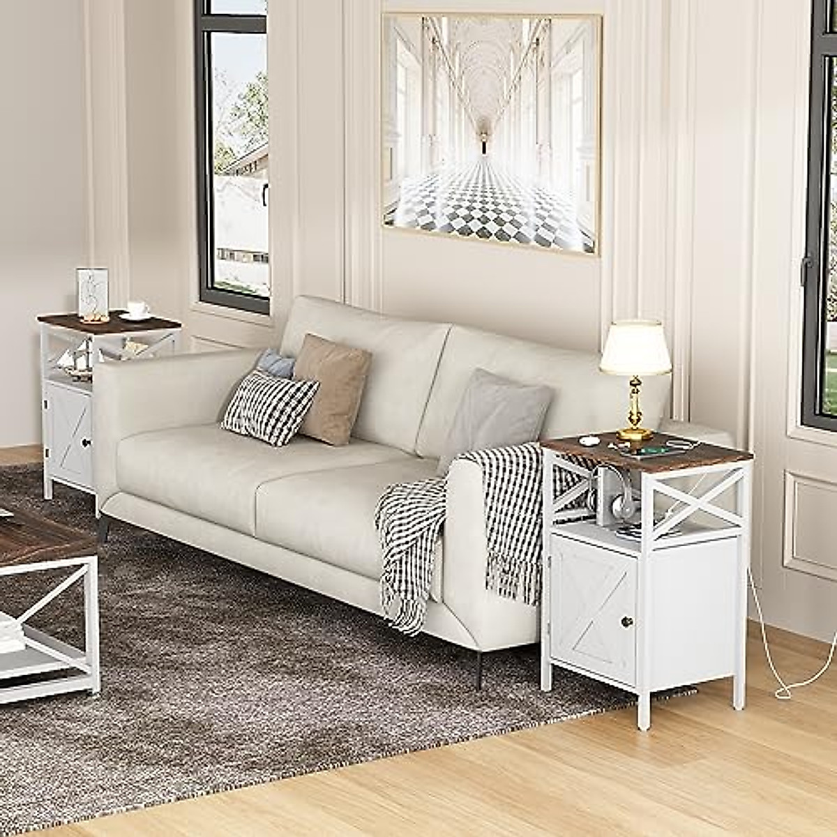 LDTTCUK Side Table with Charging Station, End Table with Power Outlet & USB Ports, Nightstand with 2 Tiers Storage Space and Storage Cabinet, Sofa Side Tables for Bedroom, Living Room,Office,White