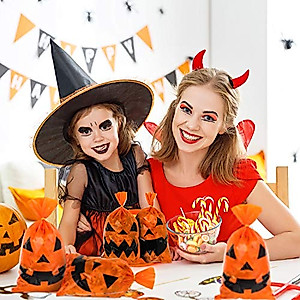Outus 150 Pieces Halloween Trick or Treat Plastic Candy Bags Jack-O-Lantern Pumpkin Bags Goody Tote Bag Party Favor Bags with Handles Party Favors(Orange with Black Accents)