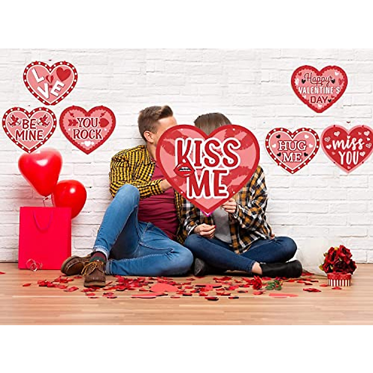 Valentines Decorations Heart Banners, Valentine Day Door Porch Signs Heart Love Hangings Wall Decor, Pink Red Romantic Conversation Party Supplies (Pink)