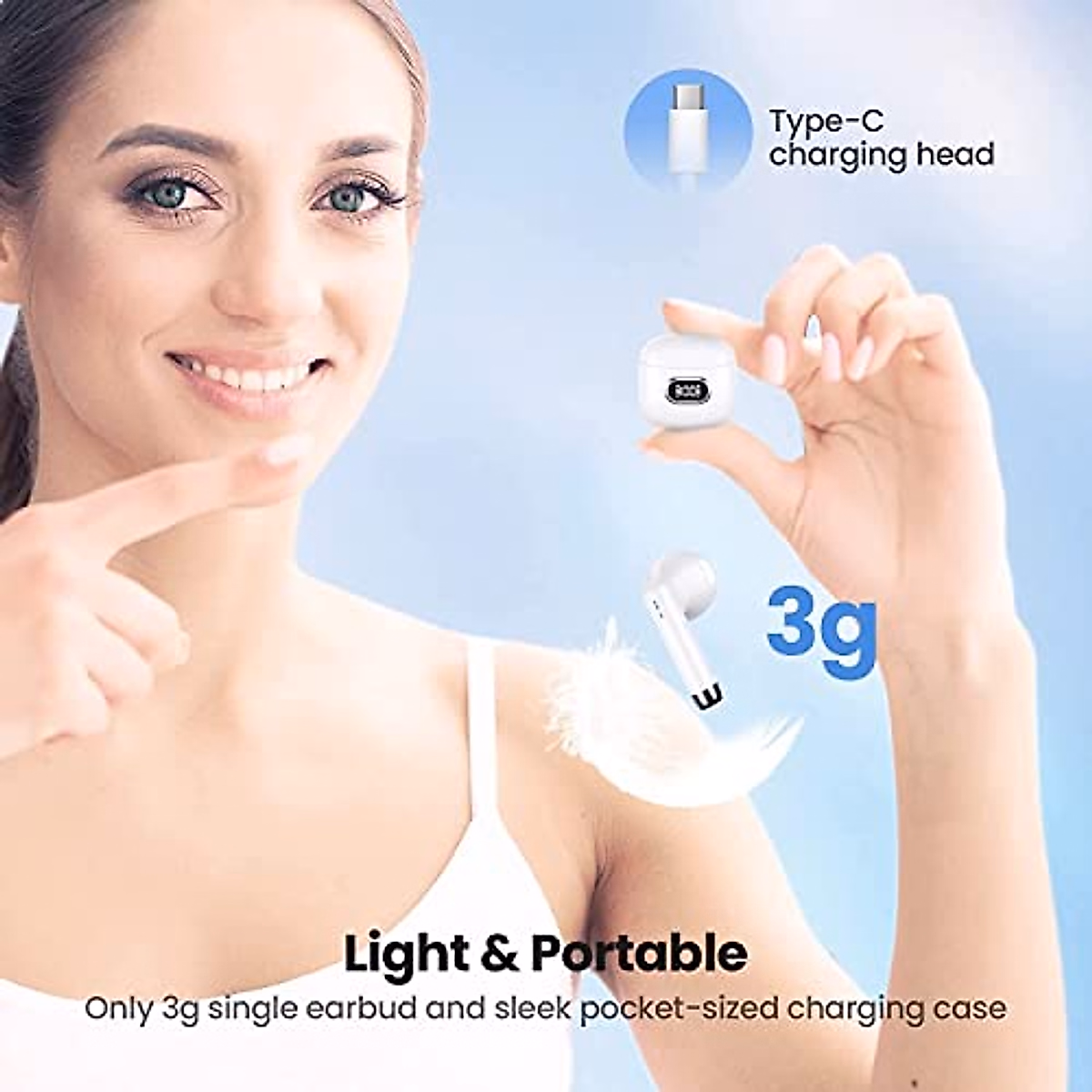 Wireless Earbuds for Amazon Fire 7 (2022) Bluetooth 5.3 Headphones with LED Display Charging Case, Waterproof IPX7 Hands-Free Headset with Mic, Hi-Fi Stereo Sound, Touch Control - White