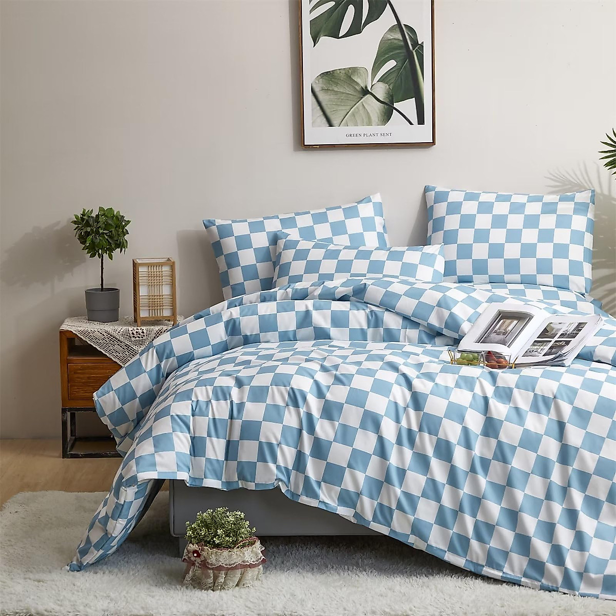 Houseri Plaid Blue and White Duvet Cover Queen Light Blue Checkerboard Bedding Sets Full Size Teen Boys Girls Baby Blue Grid Modern Aqua Blue Buffalo Checkered Duvet Cover Queen Water Blue Bedding
