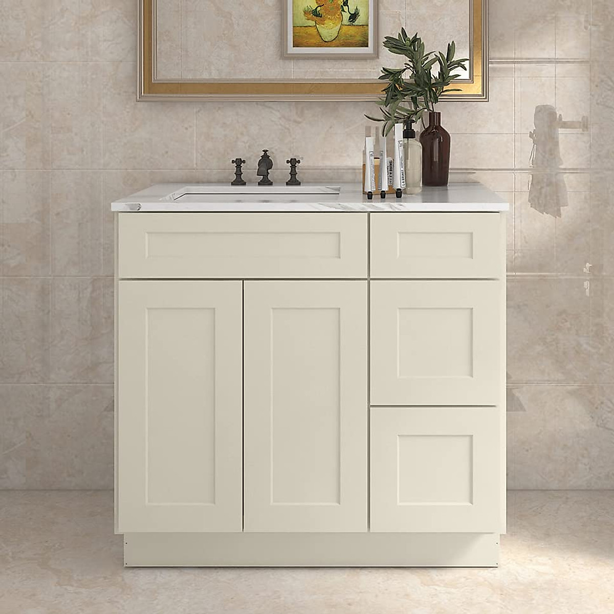 LOVMOR 36'' Bathroom Vanity Sink Base Cabinet with 2-Doors, Storage Cabinet with 3-Drawers on The Right, Suitable for Bathrooms, Kitchens, Laundry Rooms and Other Places.