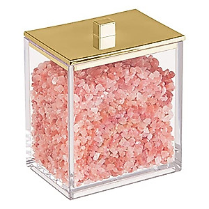 mDesign Plastic Rectangle Apothecary Canister - Organizer for Bathroom Vanity Countertop Shelf Decor - Holds Cotton Swabs, Soap, Makeup, Bath Salts - Lumiere Collection - 3 Pack - Clear/Soft Brass