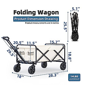 Collapsible Foldable Beach Wagon Carts with 360° Rotating Wheels for All Terrain, Utility Small Heavy Duty Wagon with 300LBS Capacity for Grocery, Sand, Garden, Outdoor, Camping (Khaki)