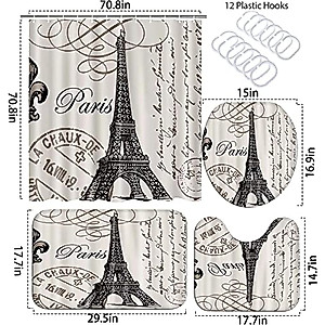 4PCS Paris Eiffel Tower Shower Curtain Set with Non-Slip Rugs Toilet Lid Cover and Bath Mat Shower Curtain with 12 Hooks Bathroom Sets with Shower Curtain and Rugs and Accessories