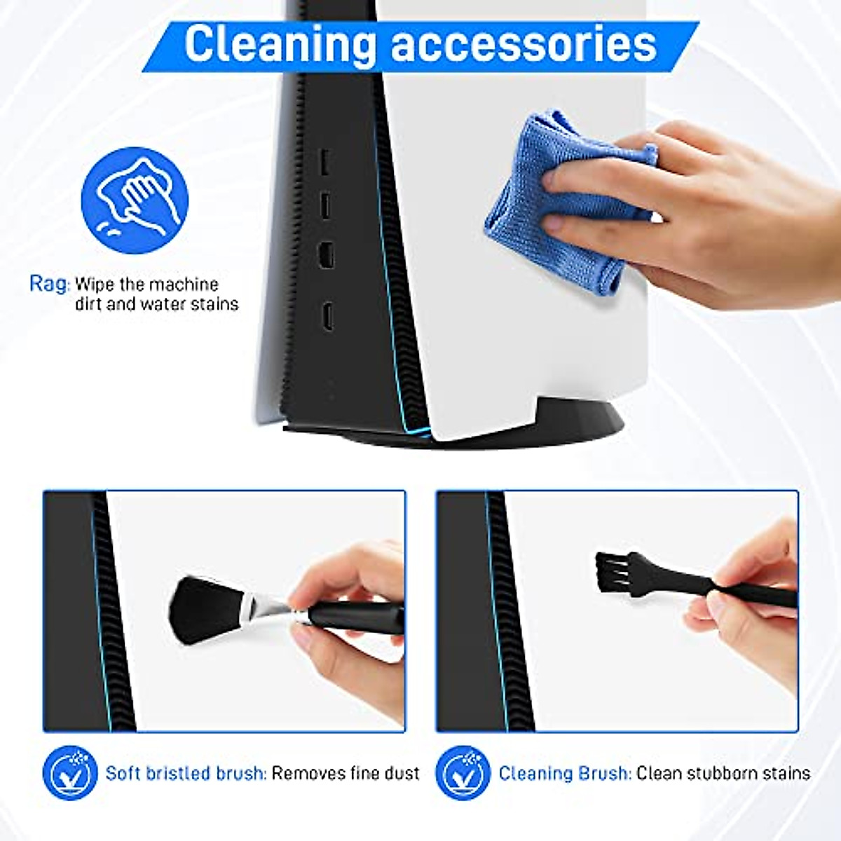 FUNDIARY Dust Plug Kit for PS5 Console, Silicone Dust Protector and Cleaning Accessories for PS5, 7 Port Dustproof Plugs, 2 Brushes, 1 Rag and 1 Drawstring Accessories Storage Bag - Black