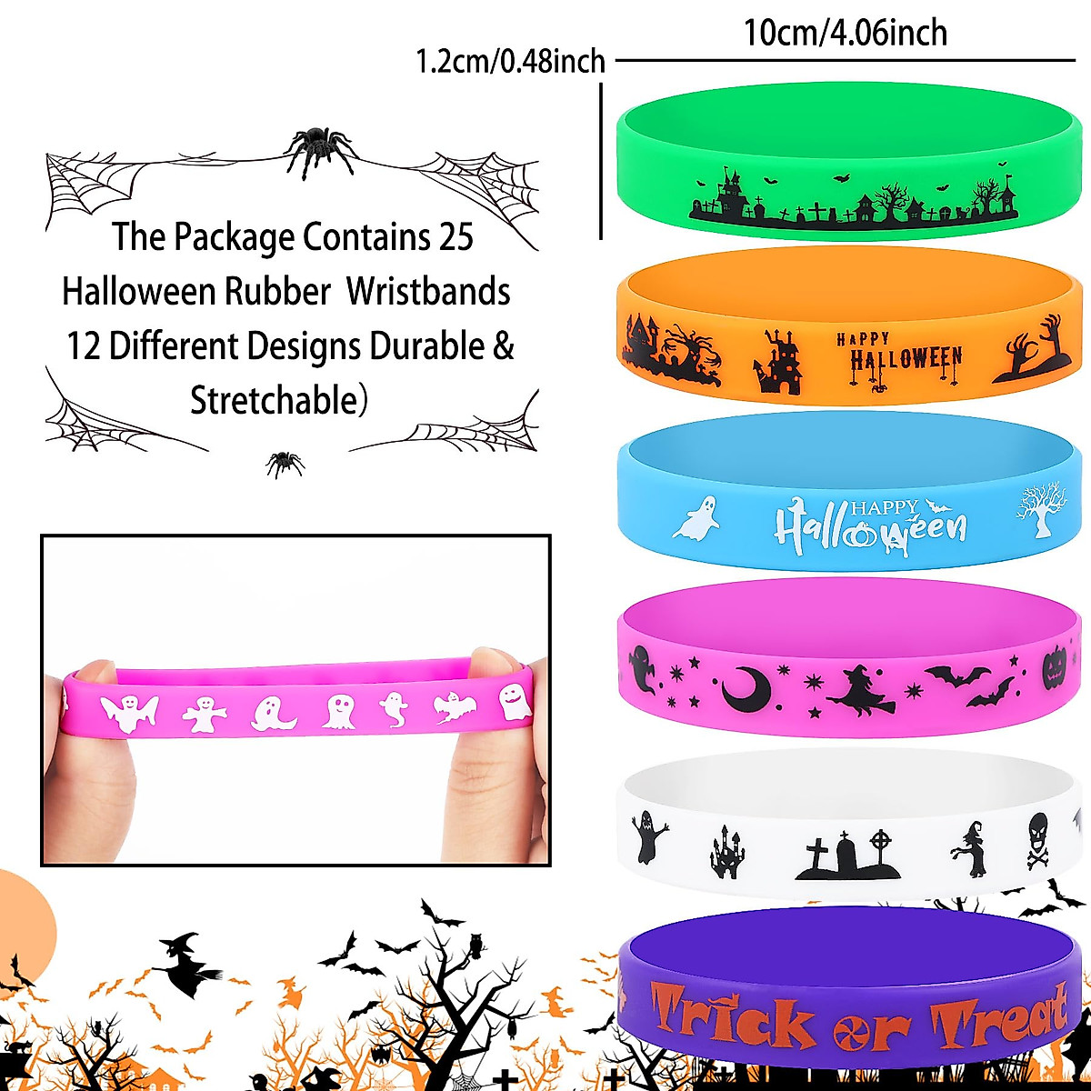 JUNEBRUSHS 50 Pack Halloween Party Favors Halloween Slap Bracelets Rubber Wristbands Assorted for Kids Halloween Slap Bands for Boys Girls Halloween Classroom Prizes Gifts Toys Treat Bag Fillers